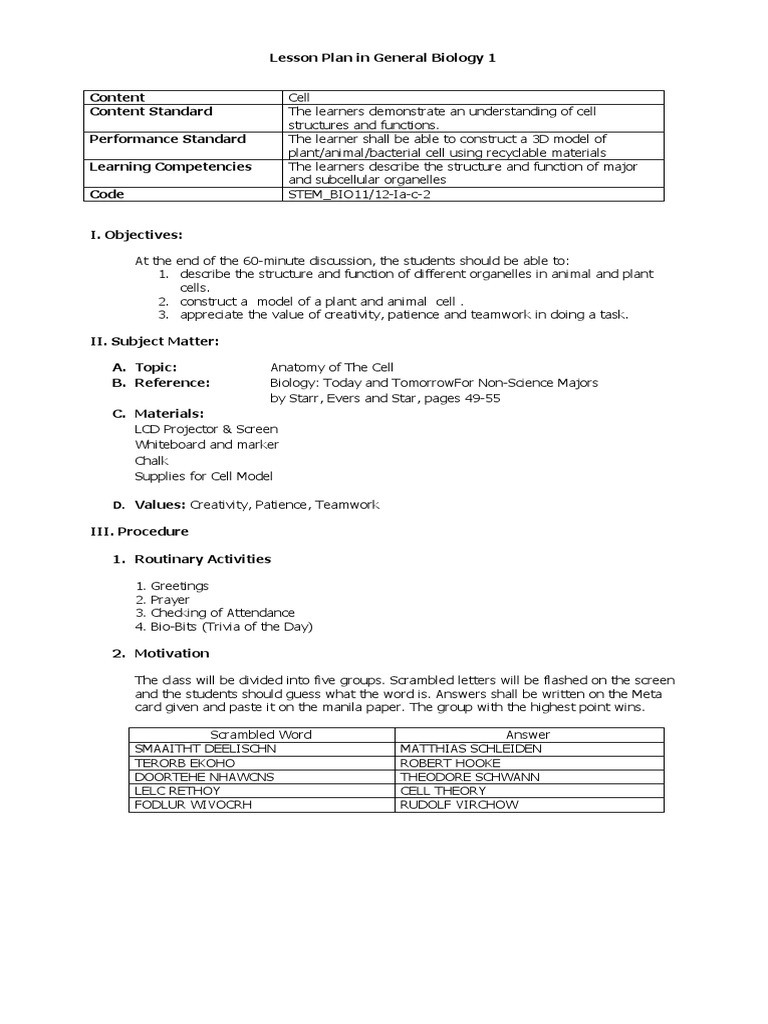 Demo Lesson Plan General Biology | PDF | Cell (Biology) | Lysosome