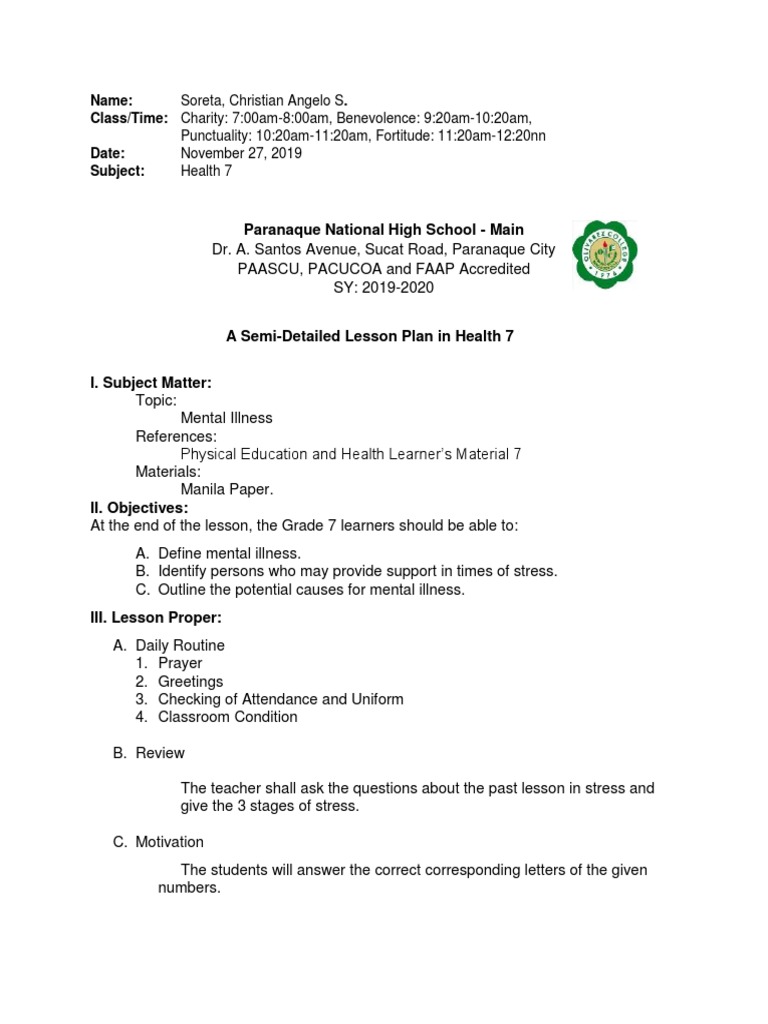 Mental Illness Lesson Plan for Grade 7 | PDF | Mental Disorder ...