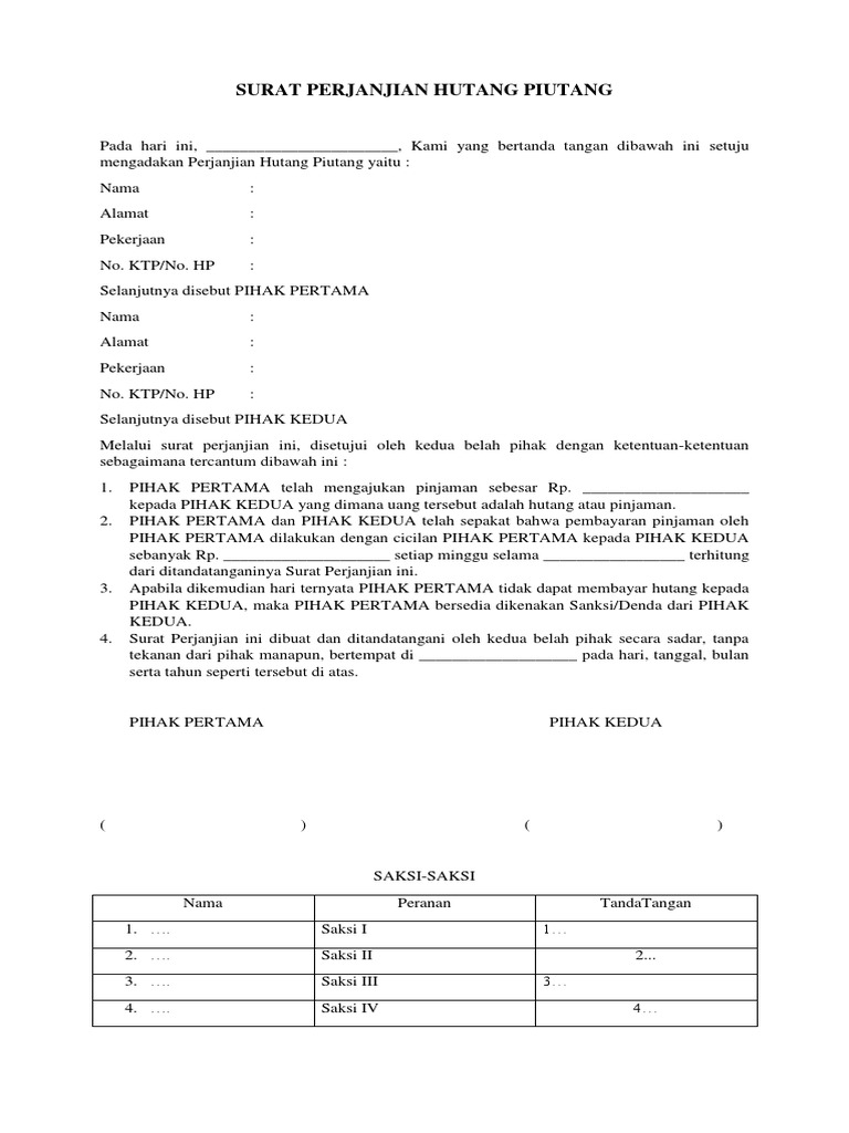 Format Surat Perjanjian Hutang Piutang | PDF