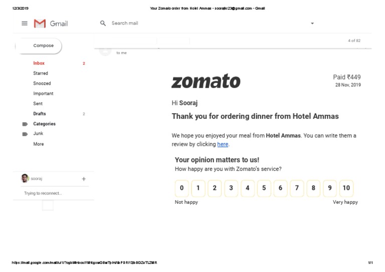 Thank You Email from Zomato Confirming Order from Hotel Ammas and ...