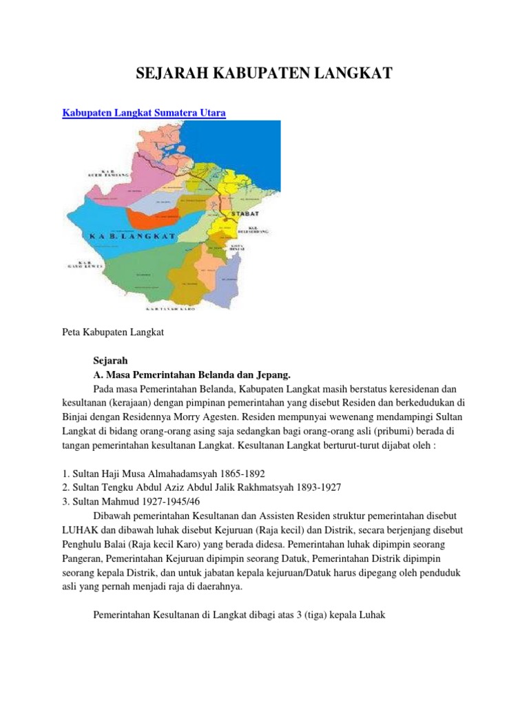 SEJARAH PENGEMBANGAN PEMERINTAHAN DI KABUPATEN LANGKAT | PDF