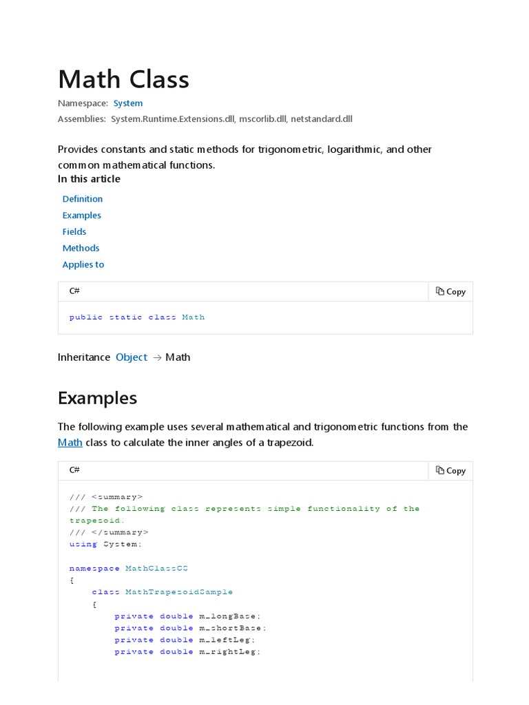 Math Class (System) - Microsoft Docs | PDF | Integer (Computer Science ...