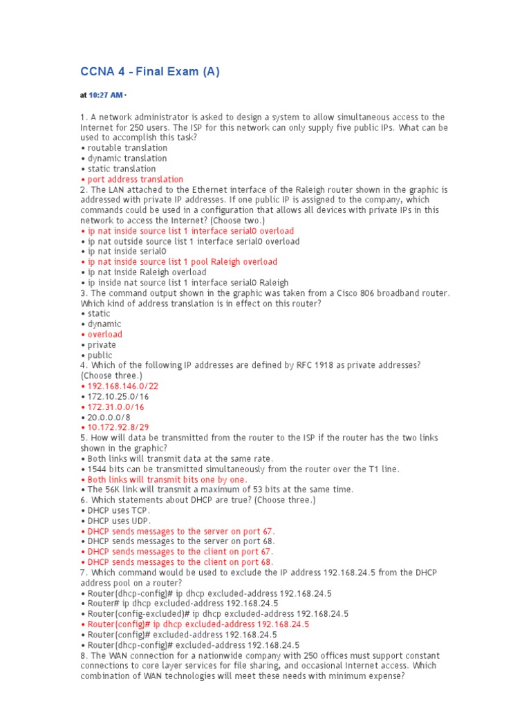 CCNA 4 - Final Exam (A) | PDF | Ip Address | Router (Computing)