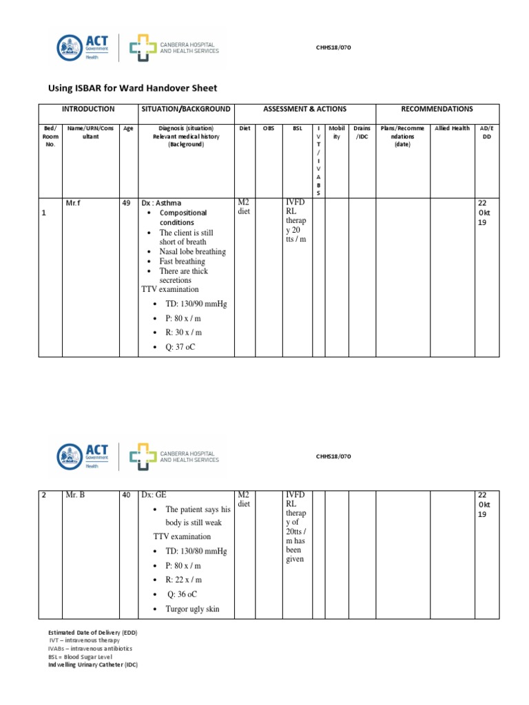 ISBAR Ward Handover Sheet Template | PDF | Epidemiology | Health Care