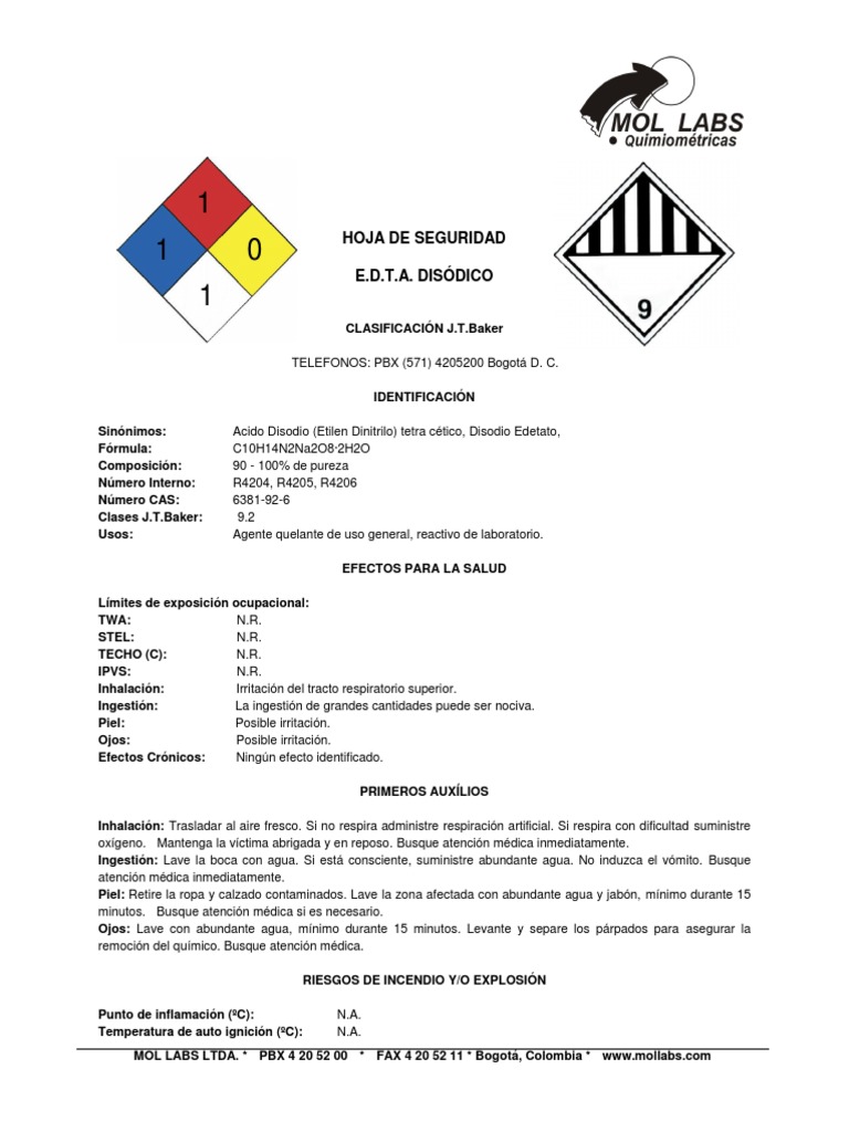 EDTA Disodico MolLabs | PDF | Combustión | Ácido etilendiaminotetraacético