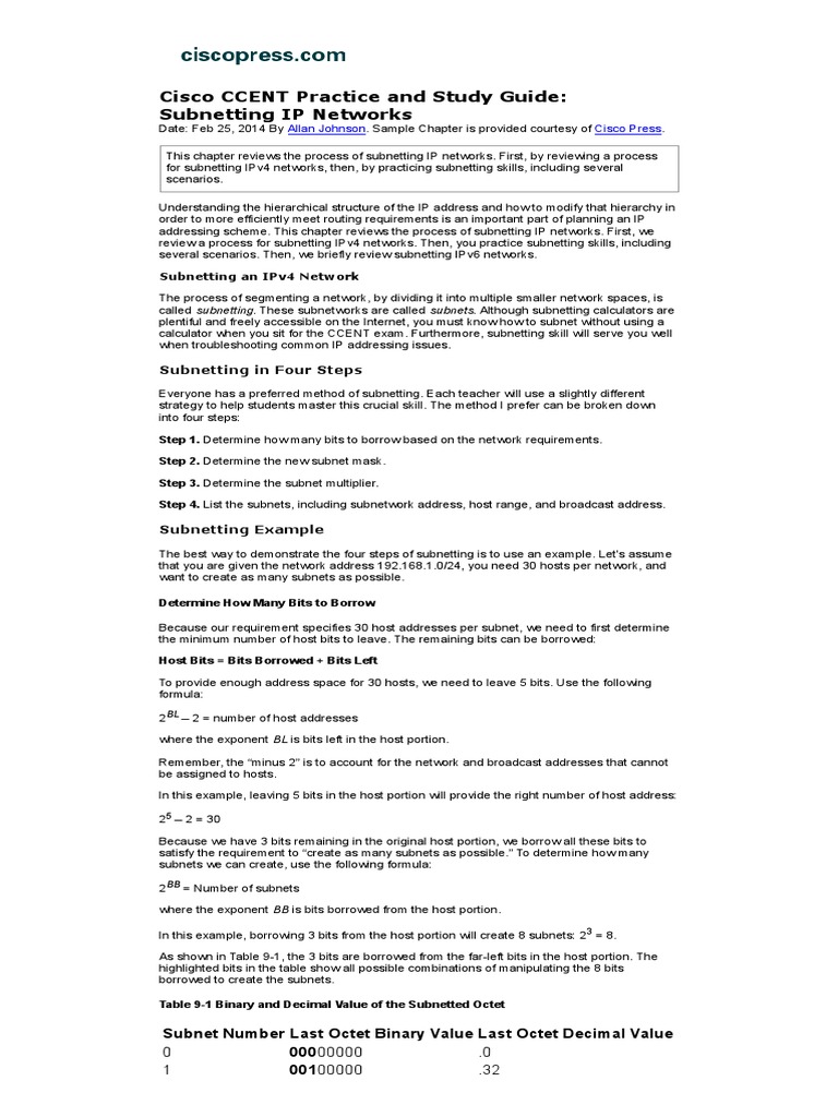 Cisco CCENT Practice and Study Guide - Subnetting IP Networks ...