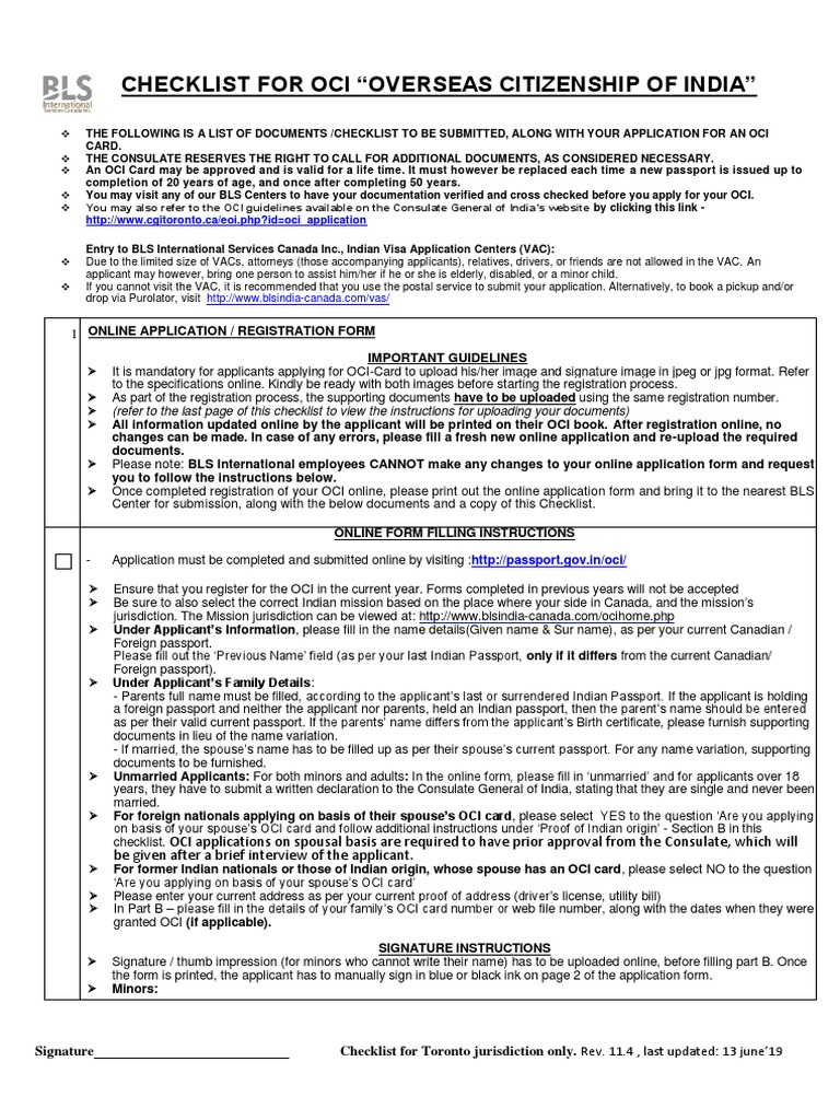 Toronto OCI Checklist Rev 11 4 June 19 | PDF | Birth Certificate | Divorce