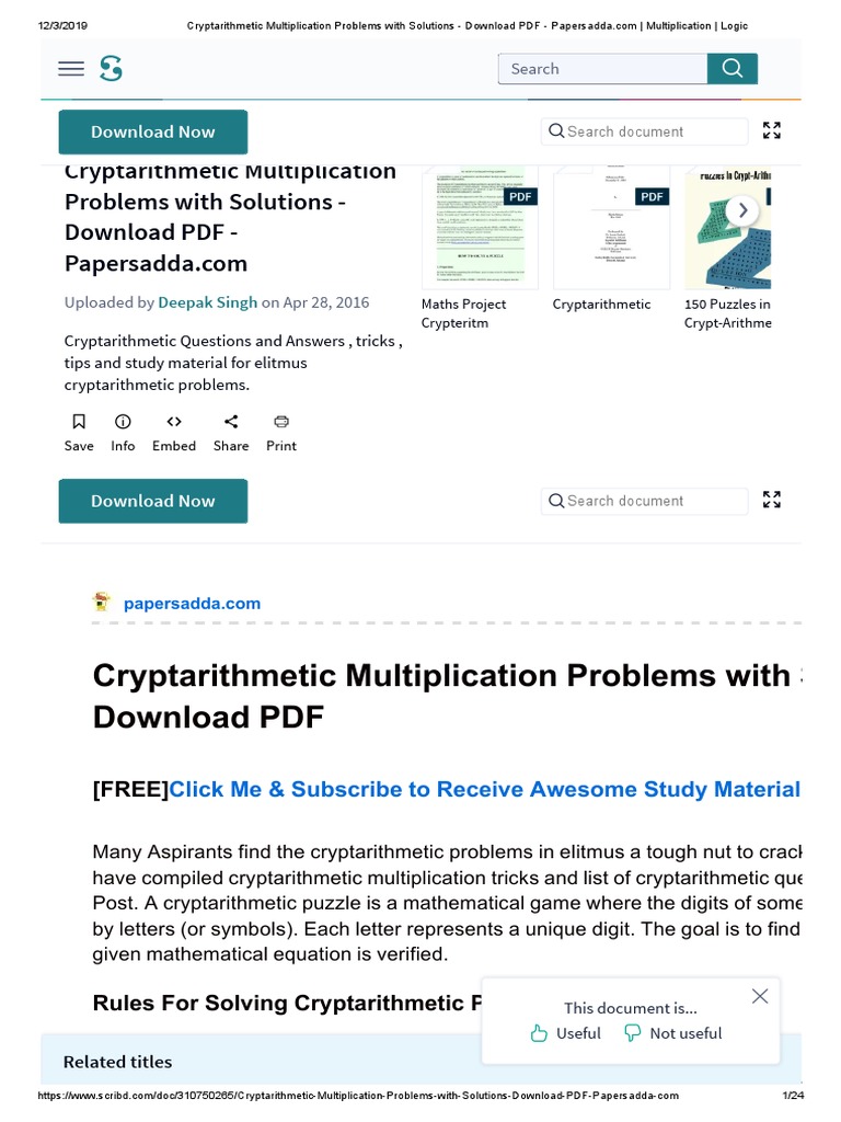 Cryptarithmetic Multiplication Problems With Solutions - Download PDF - Papersadda - Com ...