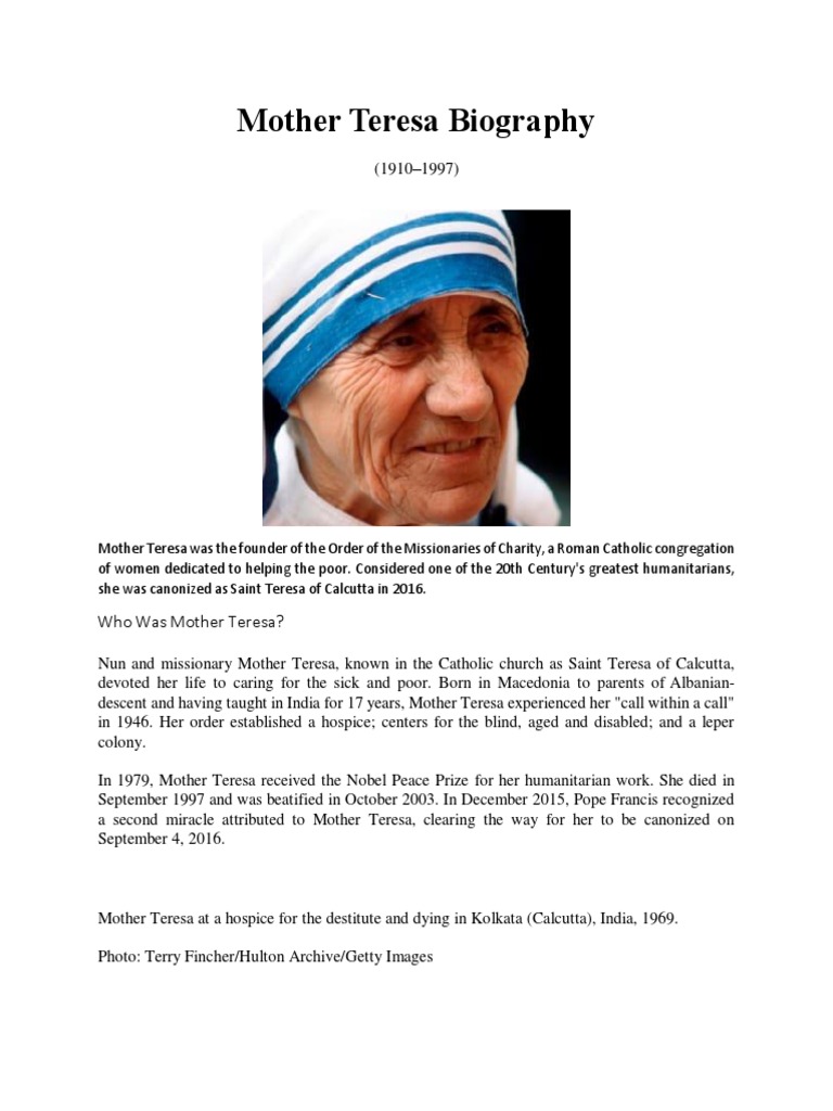 Mother Teresa Biography | PDF | Mother Teresa | Pope