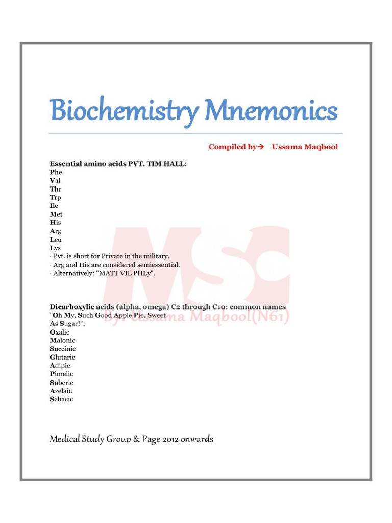 Biochemistry Mnemonics by Medical Study Center PDF | PDF