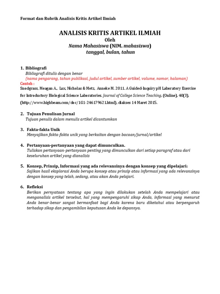 Format Dan Rubrik Analisis Kritis Artikel Ilmiah | PDF | Seni