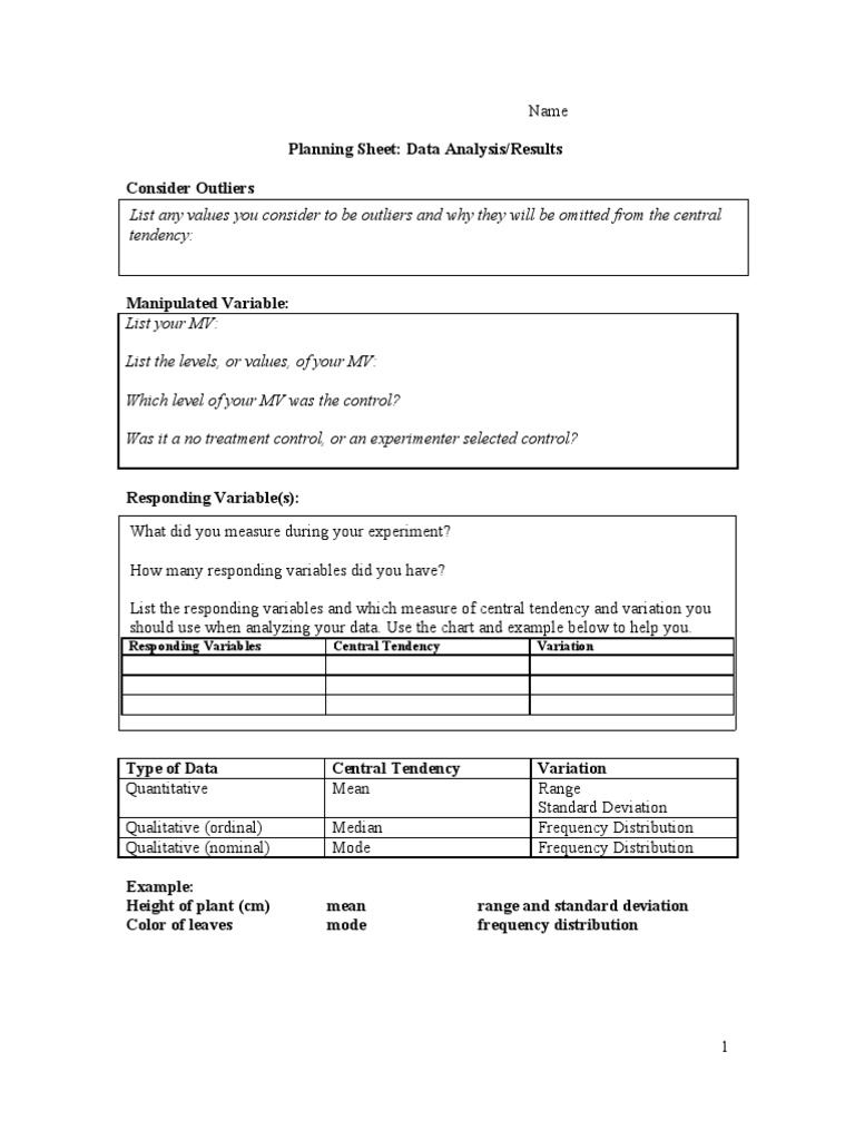 Data Analysis Planning Sheet | PDF | Outlier | Experiment