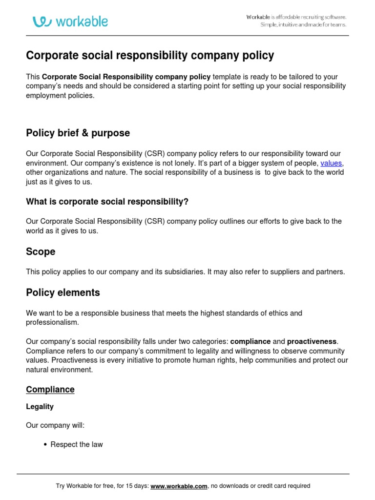 Corporate Social Responsibility Company Policy | PDF | Business Ethics ...
