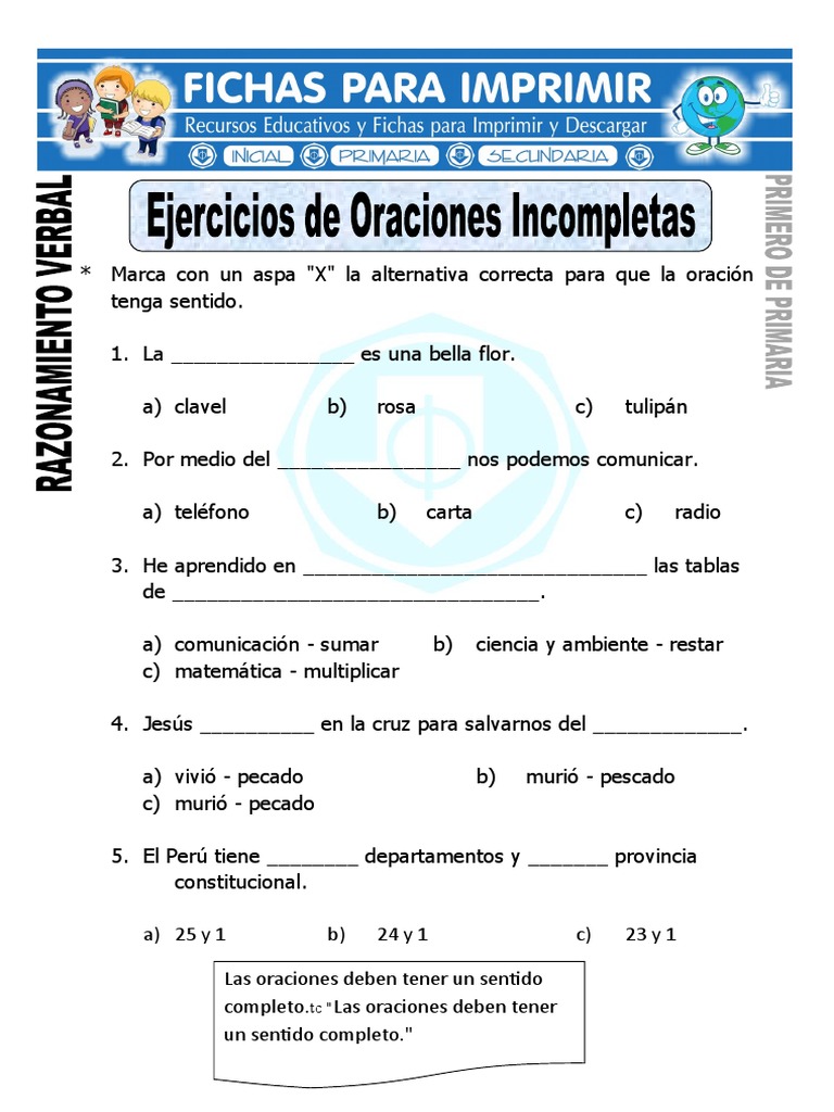 Fichas de Oraciones Incompletas para Primer Grado | PDF | Artes del ...