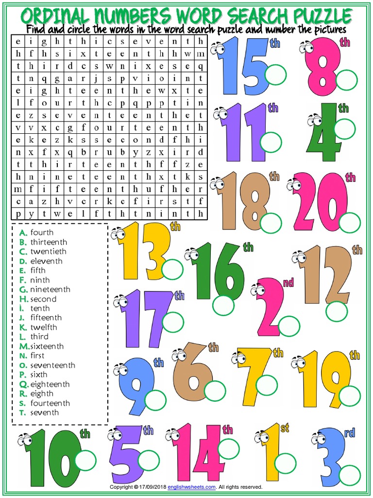 Ordinal Numbers Vocabulary Esl Word Search Puzzle Worksheet For Kids | PDF