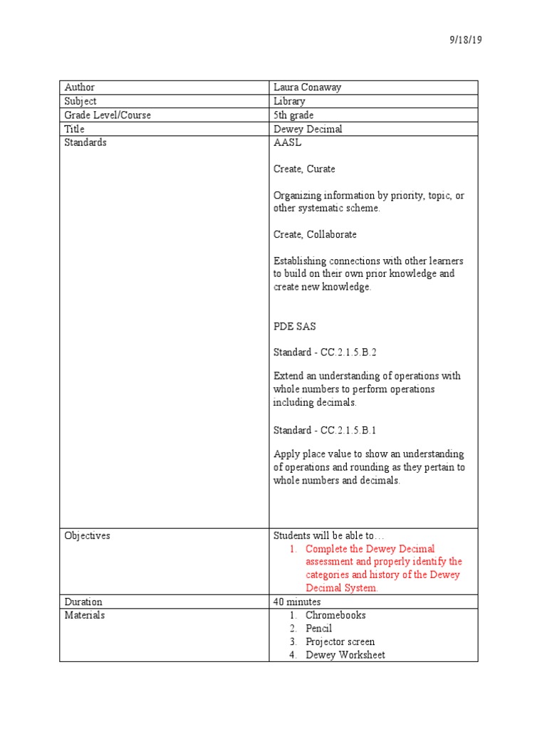 Dewey Decimal Lesson Plan | PDF | Lesson Plan | Learning