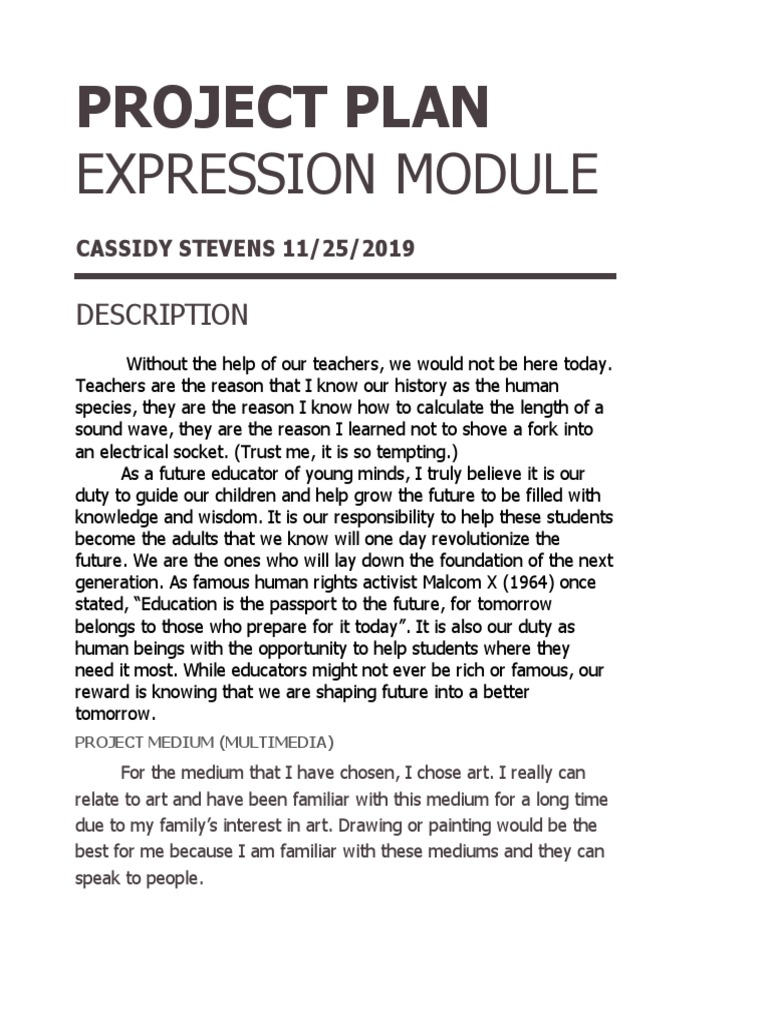 Expression Module Project Plan Cassidy Stevens | PDF | Reason ...