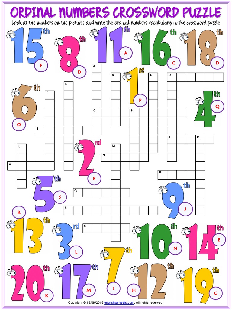Ordinal Numbers Vocabulary Esl Crossword Puzzle Worksheet For Kids | PDF Ordinal Numbers Vocabulary Esl Crossword Puzzle Worksheet For Kids | PDF