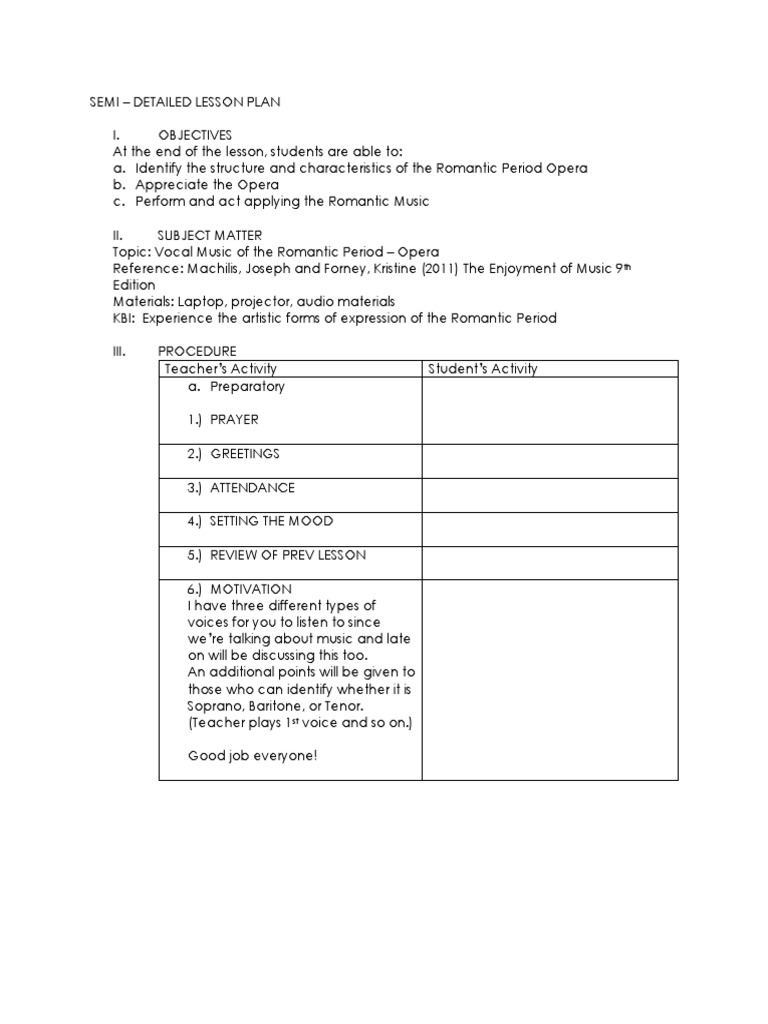 Semi - Detailed Lesson Plan | PDF | Romantic Music | Opera
