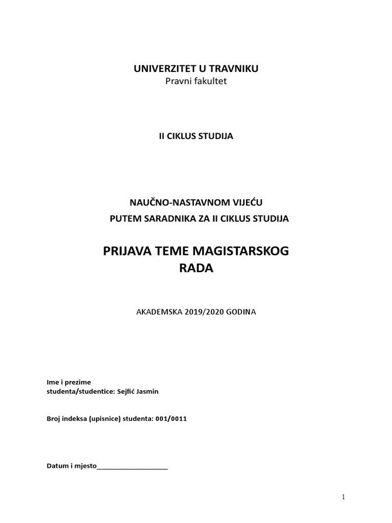 Prijava Teme Magistarskog Rada Skolski Primjer 20 | PDF