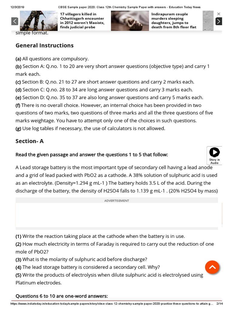 CBSE Class 12 Chemistry Sample Paper 2020 | PDF | Acid | Chemical Bond