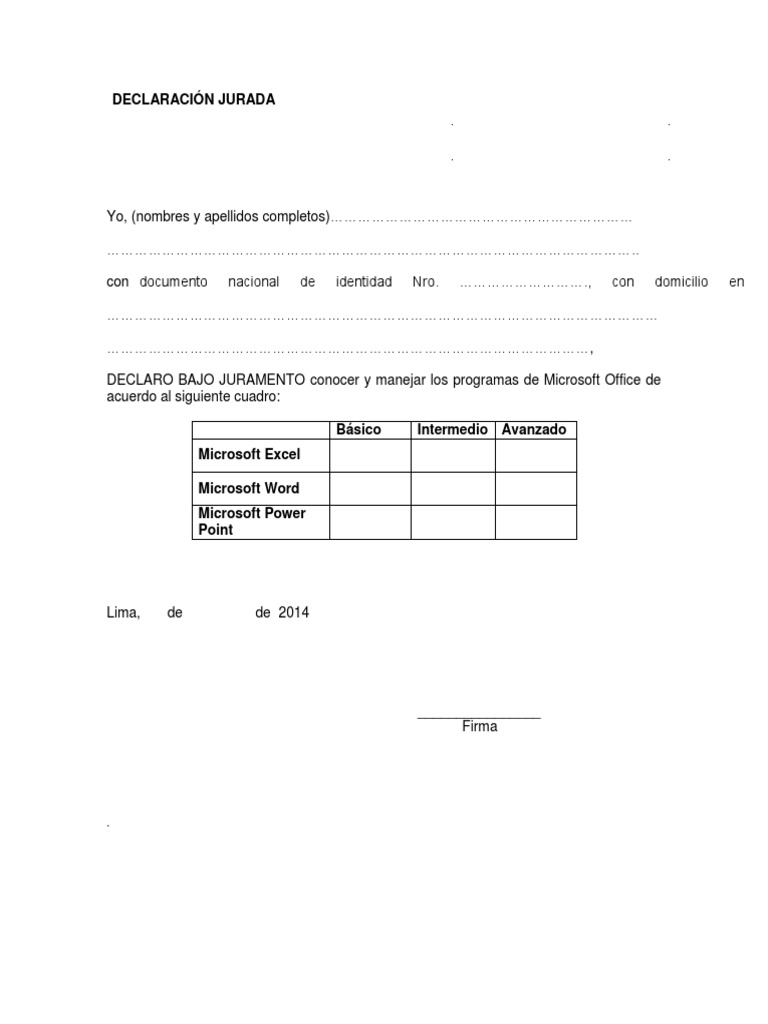 Declaracion Jurada Conocimiento Manejo Microsoft Office PDF | PDF