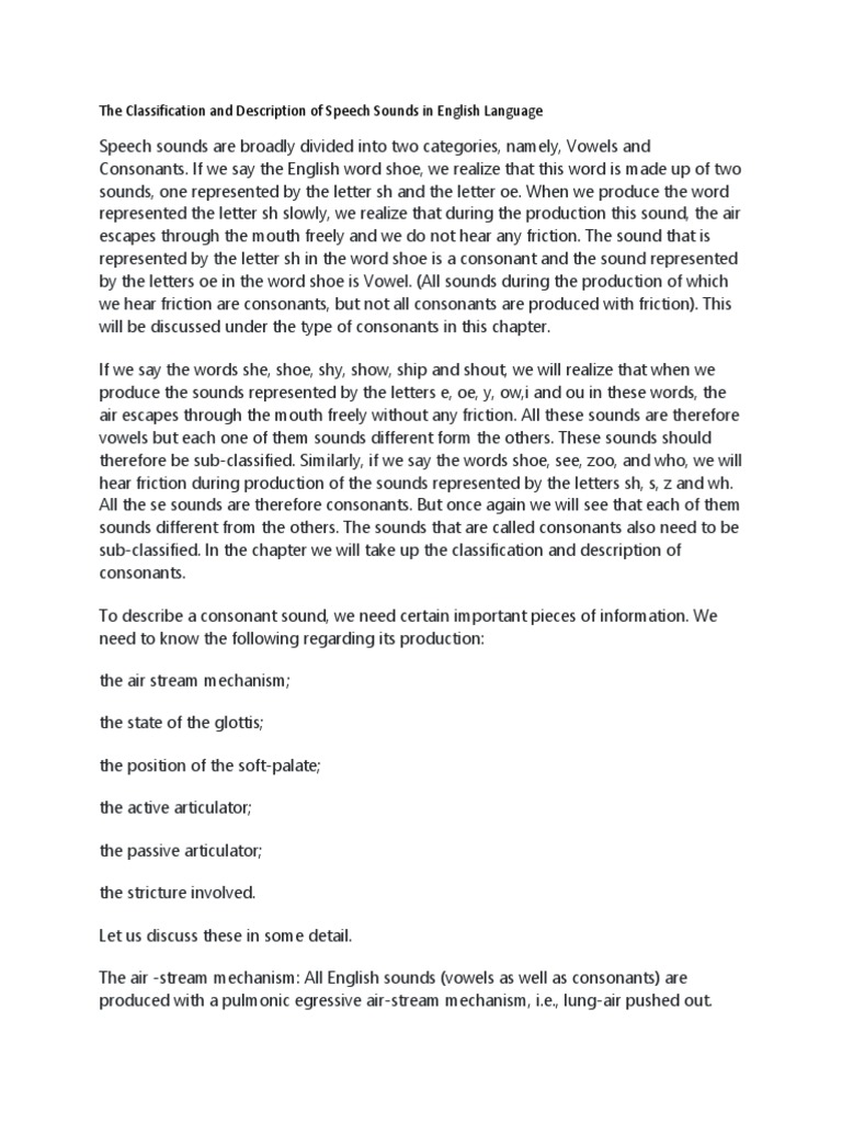 The Classification and Description of Speech Sounds in English Language ...