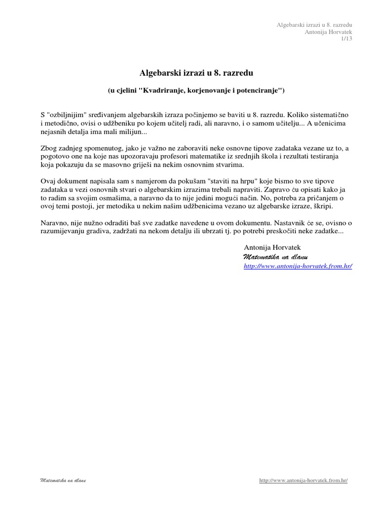 Algebarski Izrazi 8 Razredu PDF | PDF