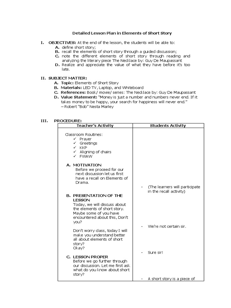 Elements of Short Story Lesson Plan | PDF | Plot (Narrative ...