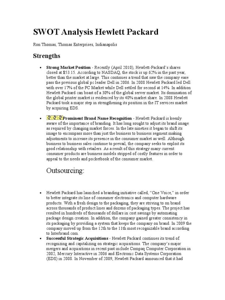SWOT Analysis Hewlett Packard | PDF | Hewlett Packard | Dell