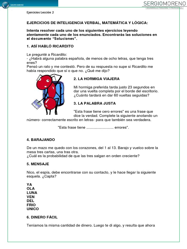 Ejercicios Lecci N 2 Inteligencia Verbal Matem Tica y L Gica | PDF