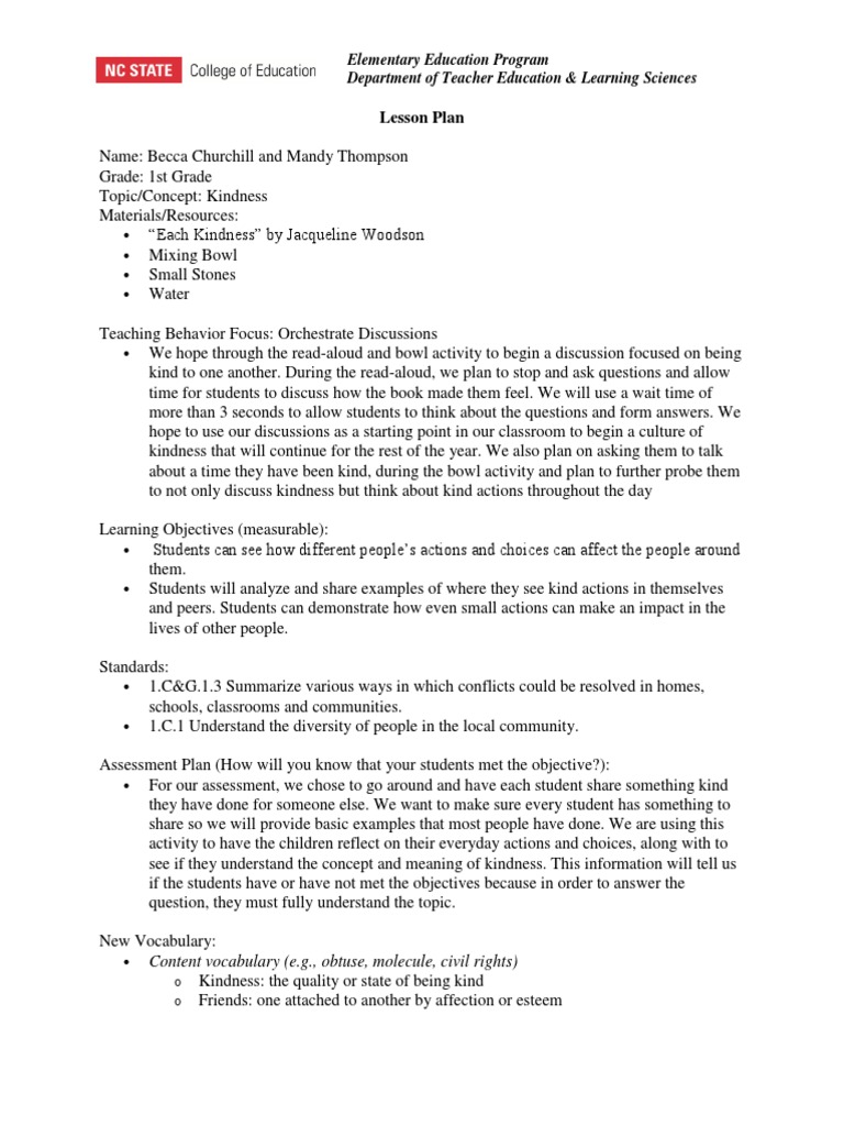 Kindness Lesson Plan | PDF | Lesson Plan | Question