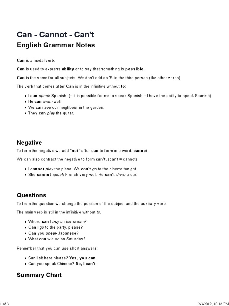 Can Cannot Can't - English Grammar Rules | PDF