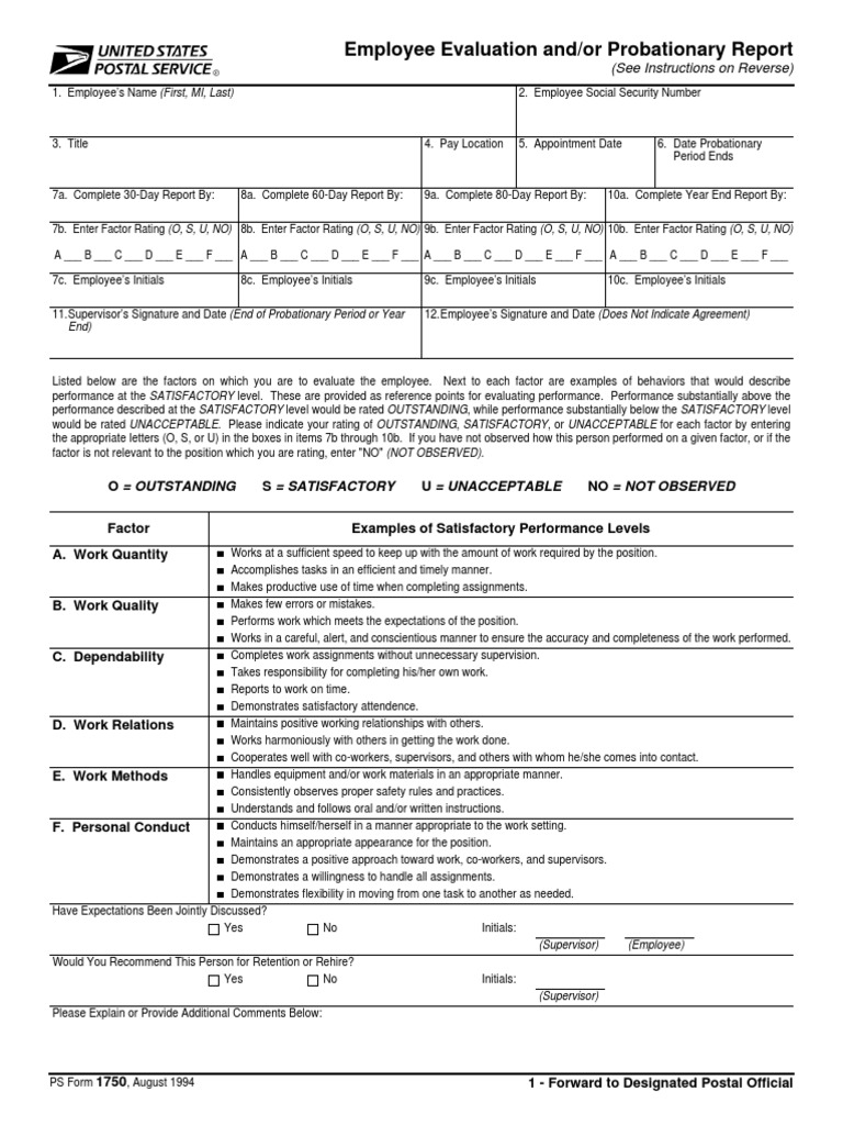 USPS Employee Evaluation Form 1750 | PDF | Employee Retention | Mail