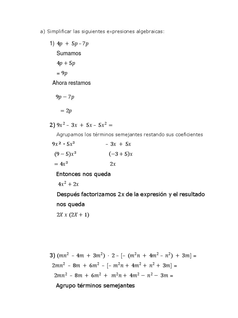 Simplificar Las Siguientes Expresiones Algebraicas | PDF | Álgebra ...
