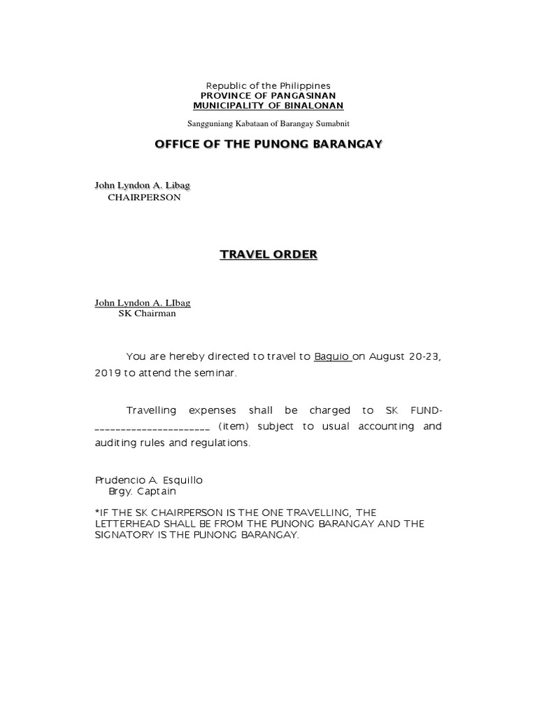 SK Travel Order for Baguio Seminar | PDF | Government | Business