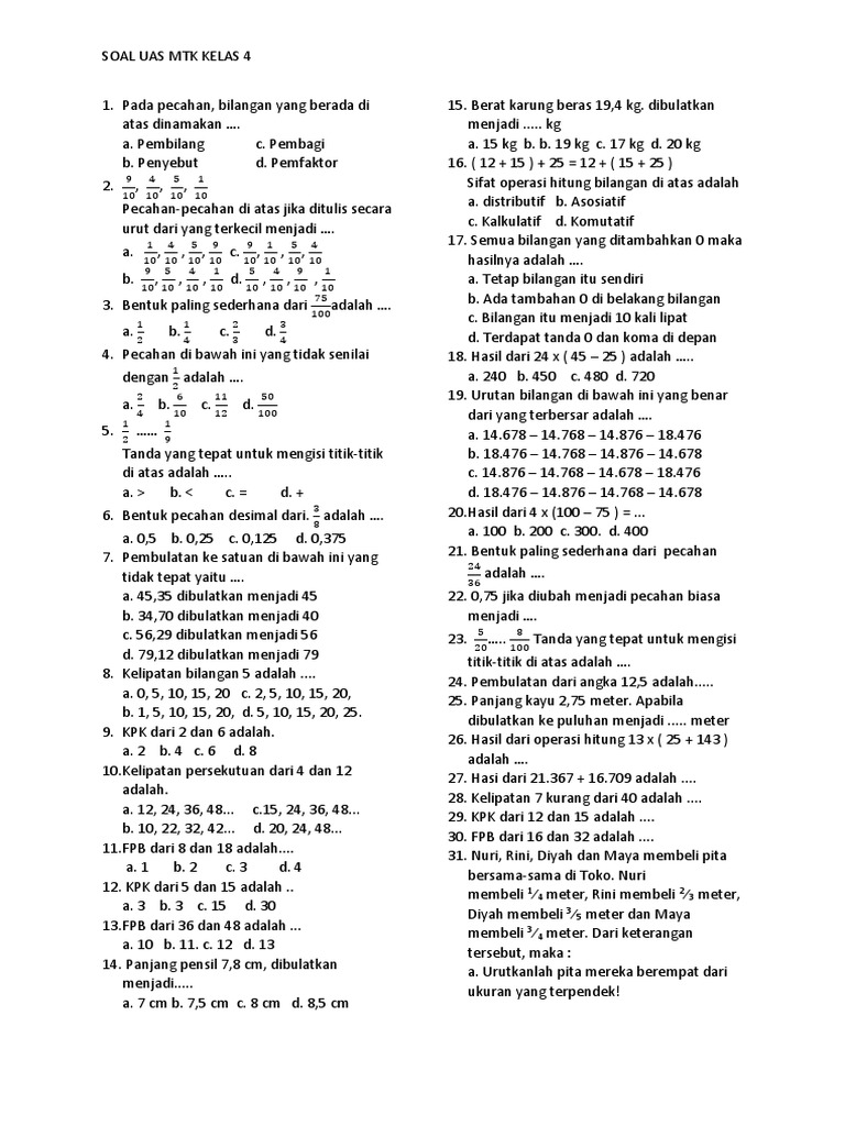 Soal Uas MTK Kelas 4 | PDF