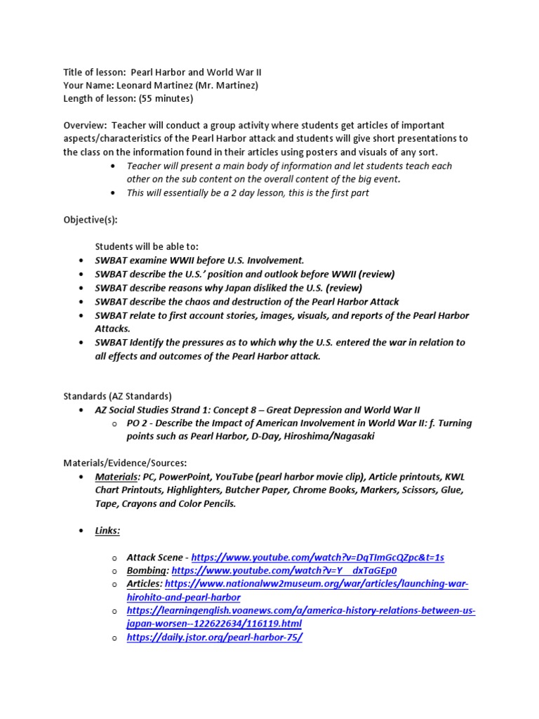 Lesson Plan Outline Pearl Harbor | PDF | International Relations | Warfare