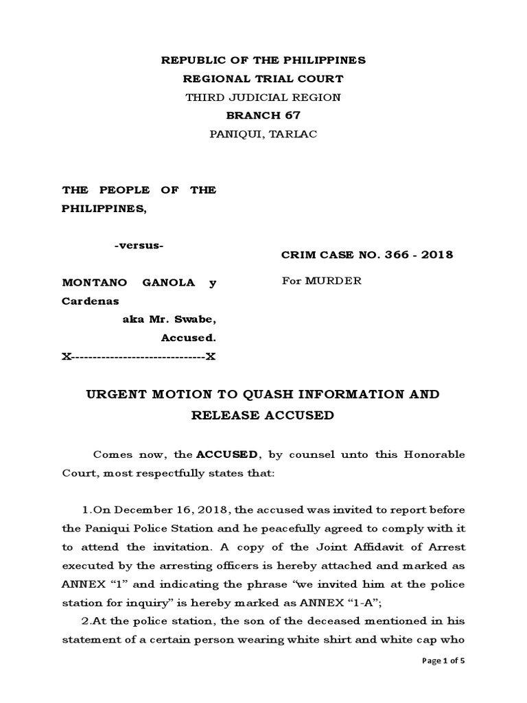Motion To Quash | PDF | Arrest | Search Warrant