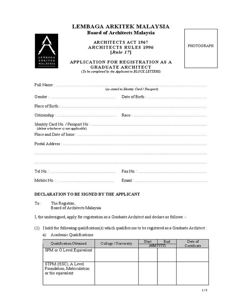 LAM Registration Form - Graduate Architect | PDF | Identity Document ...