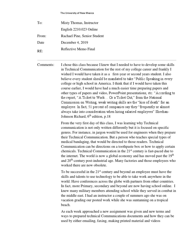 Reflection Memo | PDF | Technical Communication | Communication