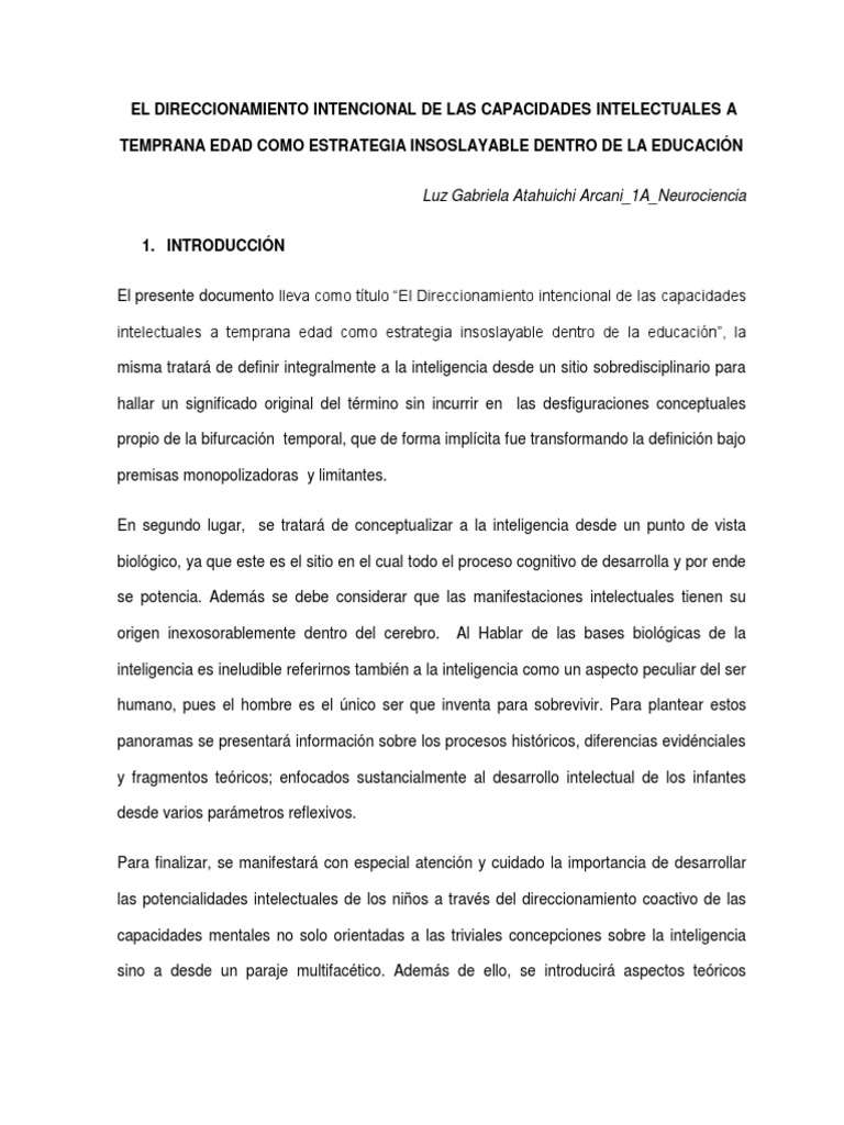 Epcv Ensayo 1a Atahuichi Arcani Luz Gabriela | PDF | Inteligencia | Cerebro