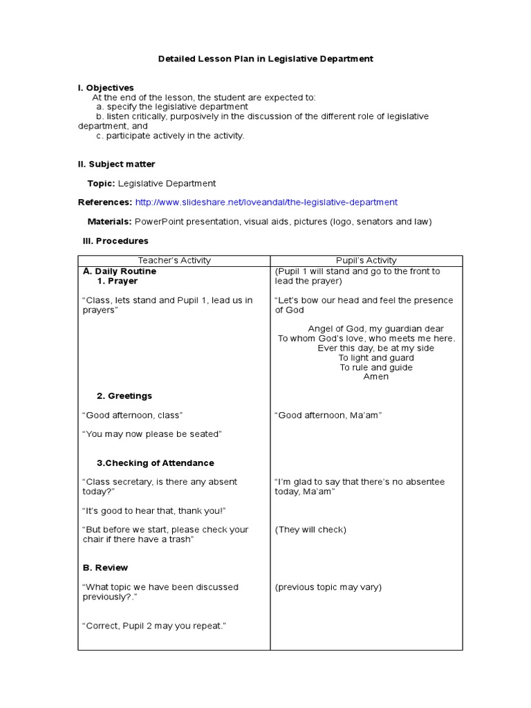 Detailed Lesson Plan Legislative Final and Original | PDF | Senate ...