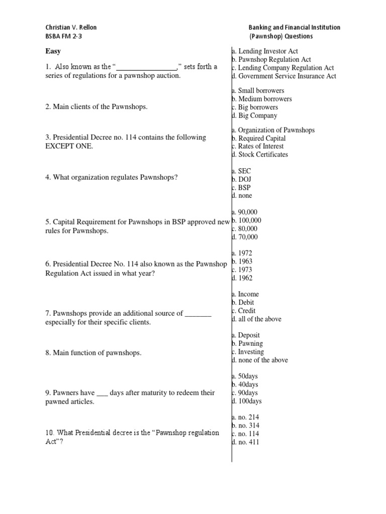 Bfi Questions Final | PDF | Pawnbroker | Loans