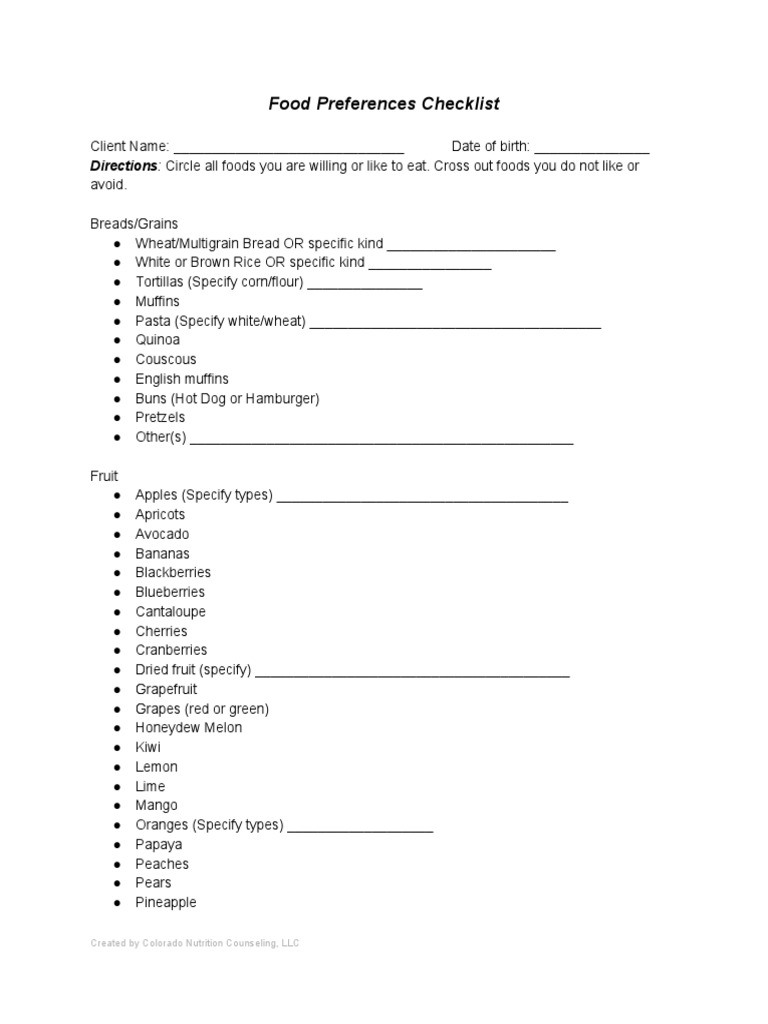 Food Preferences Checklist | PDF | Fruit | Veganism