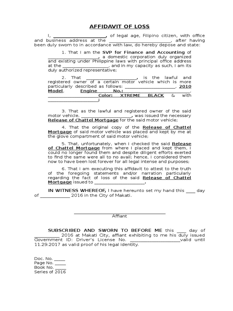 Affidavit of Loss Release of Chattel Mortgage.10.26.16