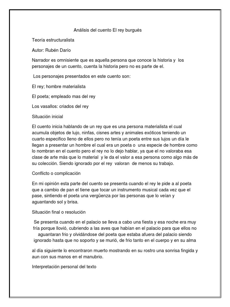 Análisis Del Cuento El Rey Burgués | PDF