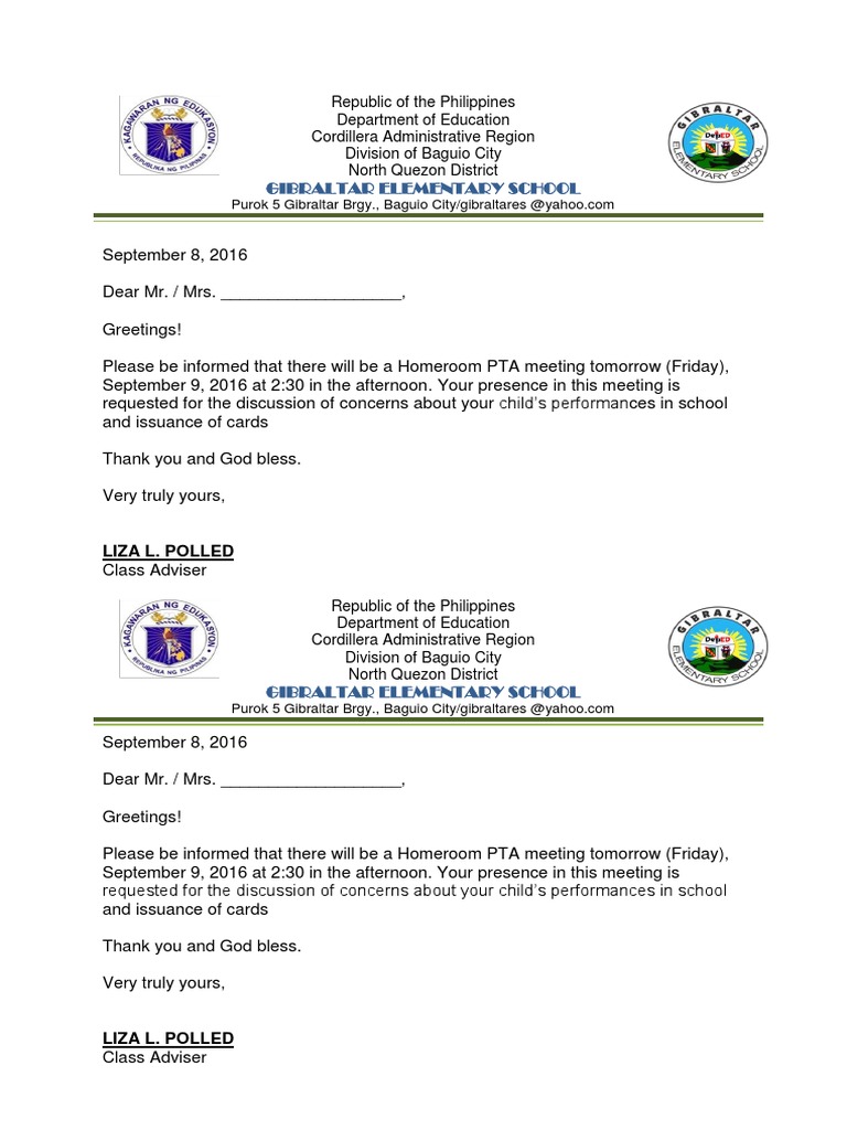 Notice of Homeroom Pta Meeting | PDF