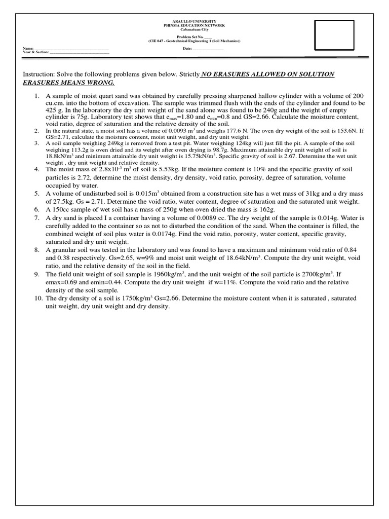 Problem Set 2 (Geotechnical Engineering) | PDF | Density | Soil Science