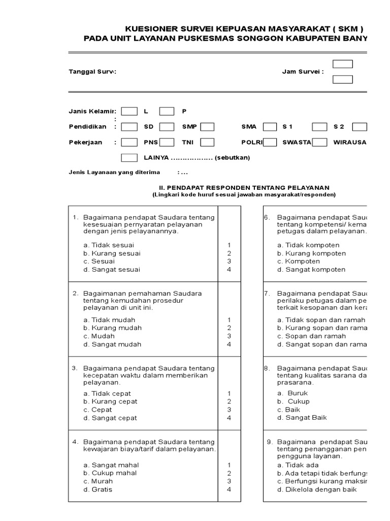 Kuesioner SKM Survei Kepuasan Masyarakat | PDF